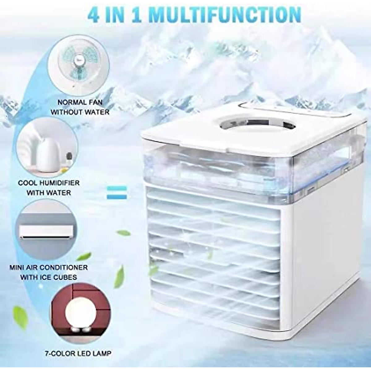 Hua Sheng Portable air conditioner, personal air cooler, 3-speed 7-color night light, mini air conditioner, table fan in room and office, air humidifier, air cooler with USB cable