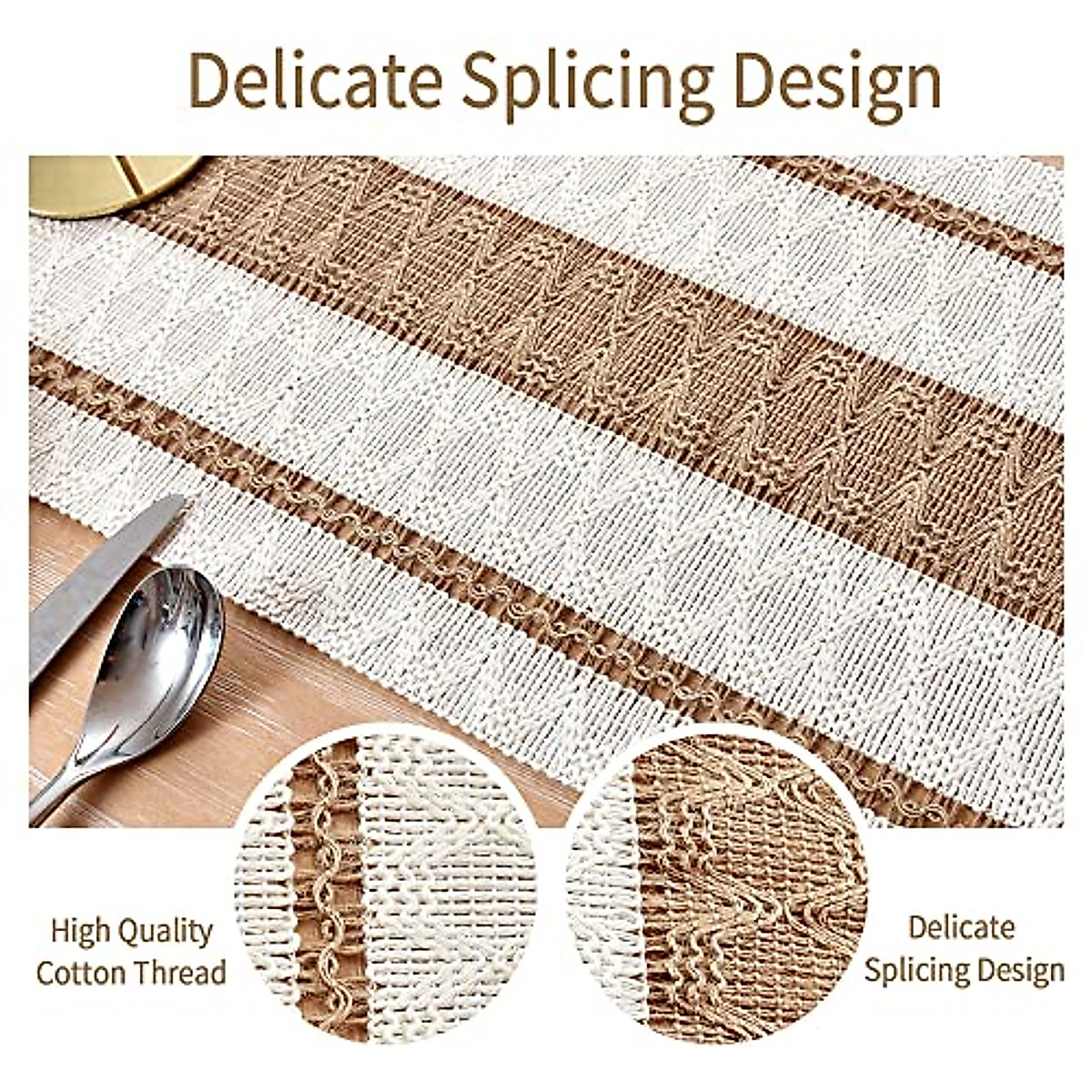 Home Macrame Table Runner Farmhouse Style - Burlap Cotton Rustic Cream Beige Boho Splicing Table Runner with Tassels for Wedding Bridal Shower Party Kitchen Dining Table Decor 12 x 72 Inch