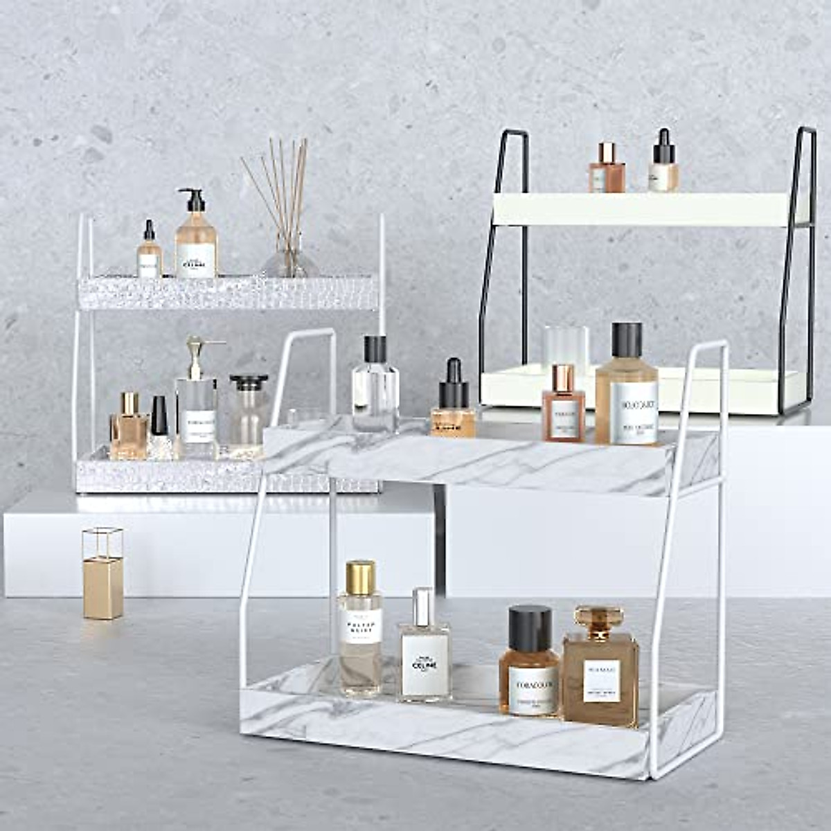 ZGO 2-Tier Bathroom Organizer Countertop, Marble Faux Leather Bathroom Counter Organizer, Makeup Organizer for Vanity Organizers and Storage, Kitchen Storage Bathroom Trays for Counter(White Marble)