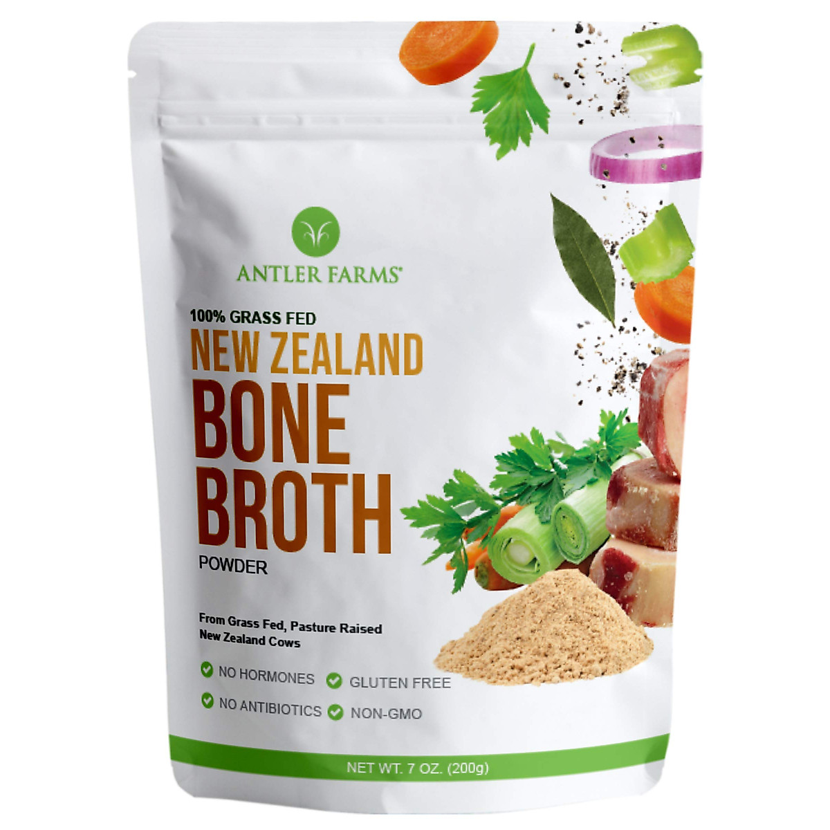 Antler Farms - 100% Grass Fed New Zealand Bone Broth Powder, 40 servings, 200g - Slow Cooked, Gently Dried, Light Flavor, No Hormones, No Antibiotics, No GMOs