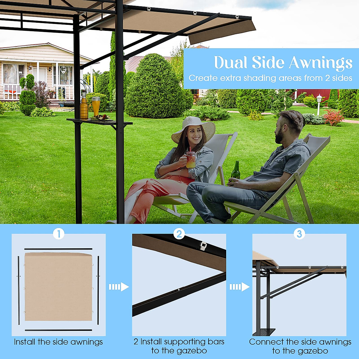 Tangkula 13.5x4 Ft Grill Gazebo with Dual Side Awnings, Double Tier BBQ Gazebo with 2 Side Shelves, Heavy-Duty Steel Frame, CPAI-84 Barbecue Grill Gazebo Shelter for Patio, Garden, Beach, Terrace