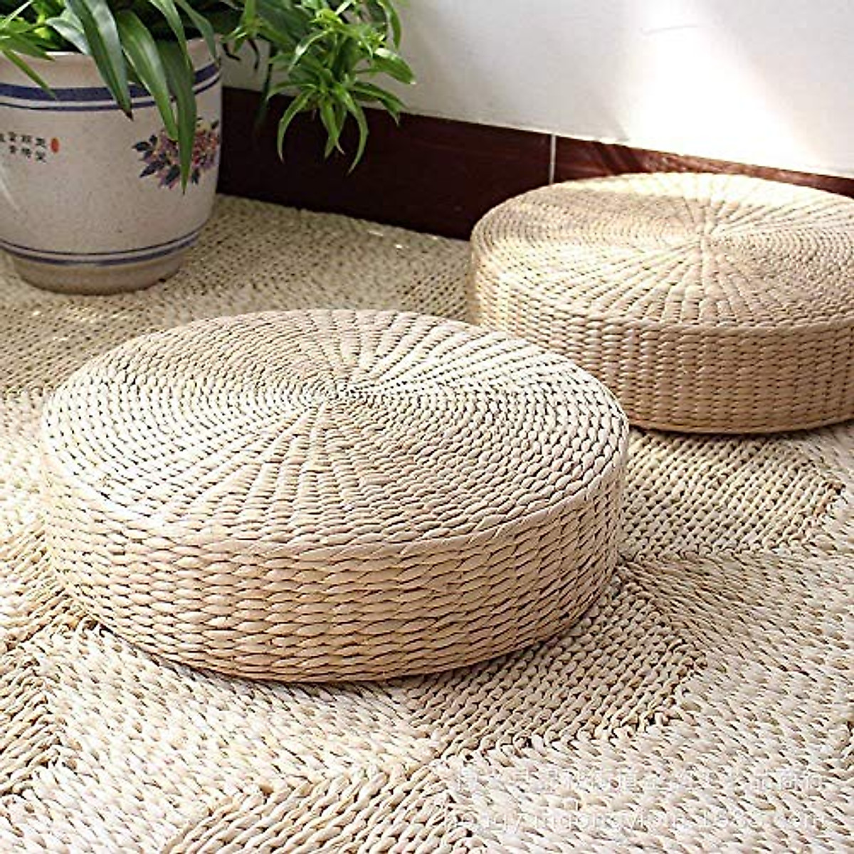 HUAWEL Meditation Cushion, 15.7inch / 40cm Dia Straw Floor Seat Cushion for Deep Thought Leisure Round Shape Soft Pouf Light Yellow Knitted Tatami Cushion