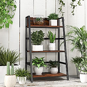 Tangkula 3-Tier Ladder Bookshelf, Industrial Wooden Bookcase w/Metal Frame, Anti-Toppling Device, Freestanding Display Shelf Plant Stand, Storage Rack for Home Office Living Room Kitchen (2, 3-Tier)
