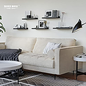 RICHER HOUSE 5 Set Floating Wall Mounted Shelves, Black Shelves for Wall Decor, Modern Picture Ledge Shelf with Lip for Storage, Nursery, Bedroom, Living Room, Bathroom - Black