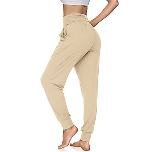UEU Women's Plus Size Comfy High Waist Yoga Jogger Pants Loose Workout Fitness Lounge Khaki Harem Women with Pockets(Light Khaki, 3XL)