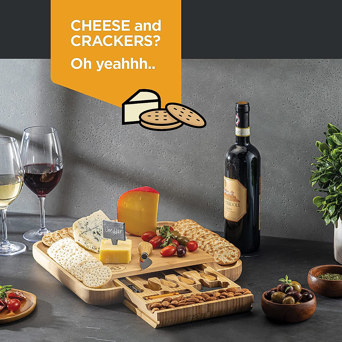 Premium Bamboo Cheese Board: Large Charcuterie Boards Set Including 4 Stainless Steel Knife & Wine Opener - Cheese Platter & Serving Tray - Ideal Valentines Day Gifts, Housewarming Gift, Wedding Gifts