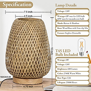 Rattan Table Lamp, Stepless Dimmable Small Beside Lamp, Vintage Wicker Wooden Nightstand Lamp, Boho Bamboo Woven End Table Lamp for Bedroom Living Room Desk Kids Room, 2700K T45 LED Bulb Included
