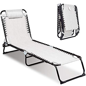 GYMAX Folding Beach Chaise Lounge, 3-Level Adjustable Lounge Chair with Detachable Pillow, Portable Recliner for Backyard, Patio, Poolside, Beach (Grey)