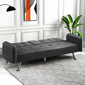 IULULU Futon Sofa Bed, Convertible Couch with 2 Cup Holders Loveseat with Armrest for Studio, Apartment, Office, Living Room, Dark Grey