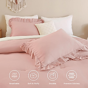 Andency Blush Pink Ruffle Comforter Queen, 3 Pieces Rustic Farmhouse Shabby Chic Comforter, All Season Soft Microfiber Down Alternative Bedding Comforter Set