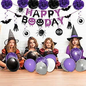 Halloween Birthday Party Decorations Balloon Banner Paper Pompom Cake Topper Hanging Swirl for Halloween Happy Boo Day Party Supplies