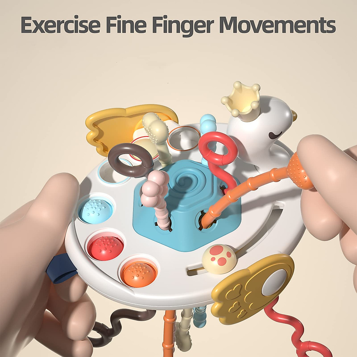 Baby Pull String Activity Toy with Bubble Pop & Teether, Montessori Toys for Babies 12 Months+, Silicone Sensory Toys for Toddlers 1-3, Travel Toys Rattle Motor Skills Toy Infants Gifts(Swan)