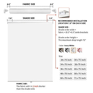 Joydeco Blackout Cordless Roller Shade White Fabric Mini Blinds & Shades for Windows 28 Inch Wide Home Darkening(28x 75)