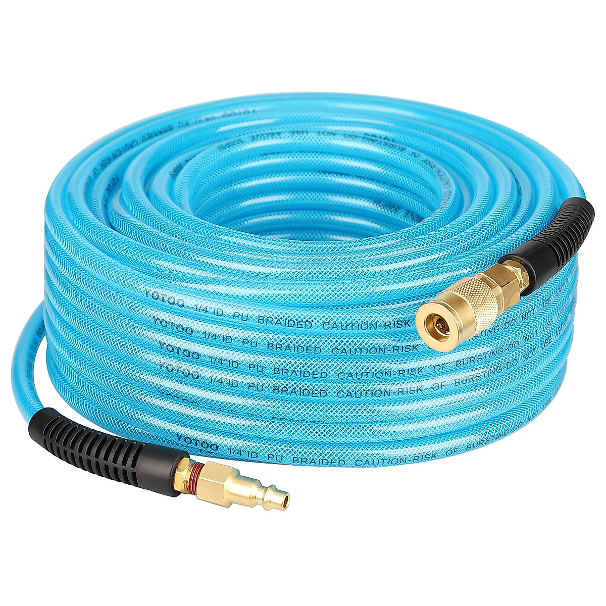 YOTOO Reinforced Polyurethane Air Hose 1/4" Inner Diameter by 100' Long, Flexible, Heavy Duty Air Compressor Hose with Bend Restrictor, 1/4" Swivel Industrial Quick Coupler and Plug, Blue