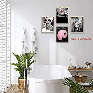 zaixko Bathroom Decor Fashion Women Canvas Prints Pink Wall Decor Black and Pink Pictures for Bathroom Glam Wall Art Canvas Posters Pink Bathroom Decor
