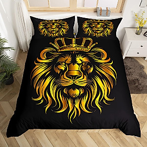 Castle Fairy Gold Roaring Lion Print Bedding Cover King Wild Animal King Comforter Sets for Adults Black Base 3 Pieces Duvet Sets(1 Duvet Cover 2 Pillow Cases),No Comforter