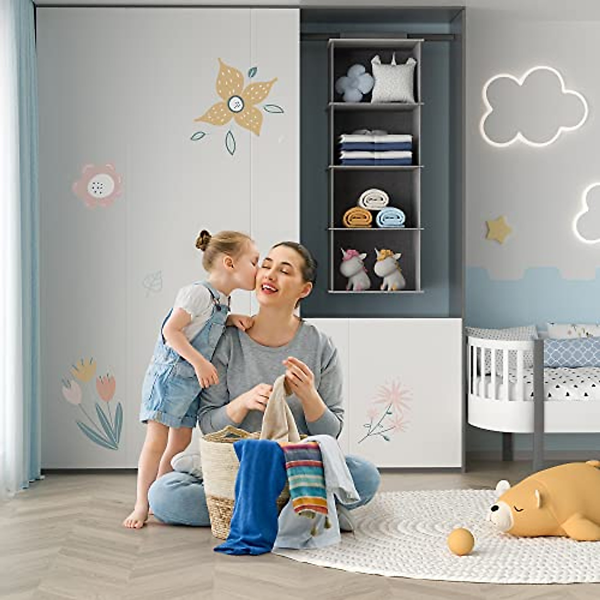 JONZIN 2 Pack Hanging Closet Organizer and Storage 4-Shelf, Hanging Shelves for Closet, Collapsible Wardrobe Hanging Shelves Organizer for Bedroom or Garment Rack, 11.81" x 11.81" x 27.95"