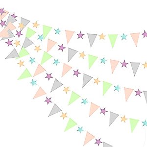 30Ft Pastel Banner Stars Garland Triangle Flag Pennant Bunting Streamers for Kids Birthday Party Backdrop for Baby Shower Nursery Unicorn First Birthday Home Wedding Bridal Shower Decor (Macaron)