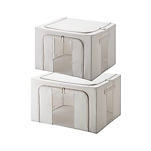 SHIMOYAMA Foldable Large Storage Bag, 2 Pack, 73L and 90 L, Fabric Stackable Containers with Metal Frame, Large Storage Box Set Organizer with Clear Window and Carry Handles for Bed, Closet