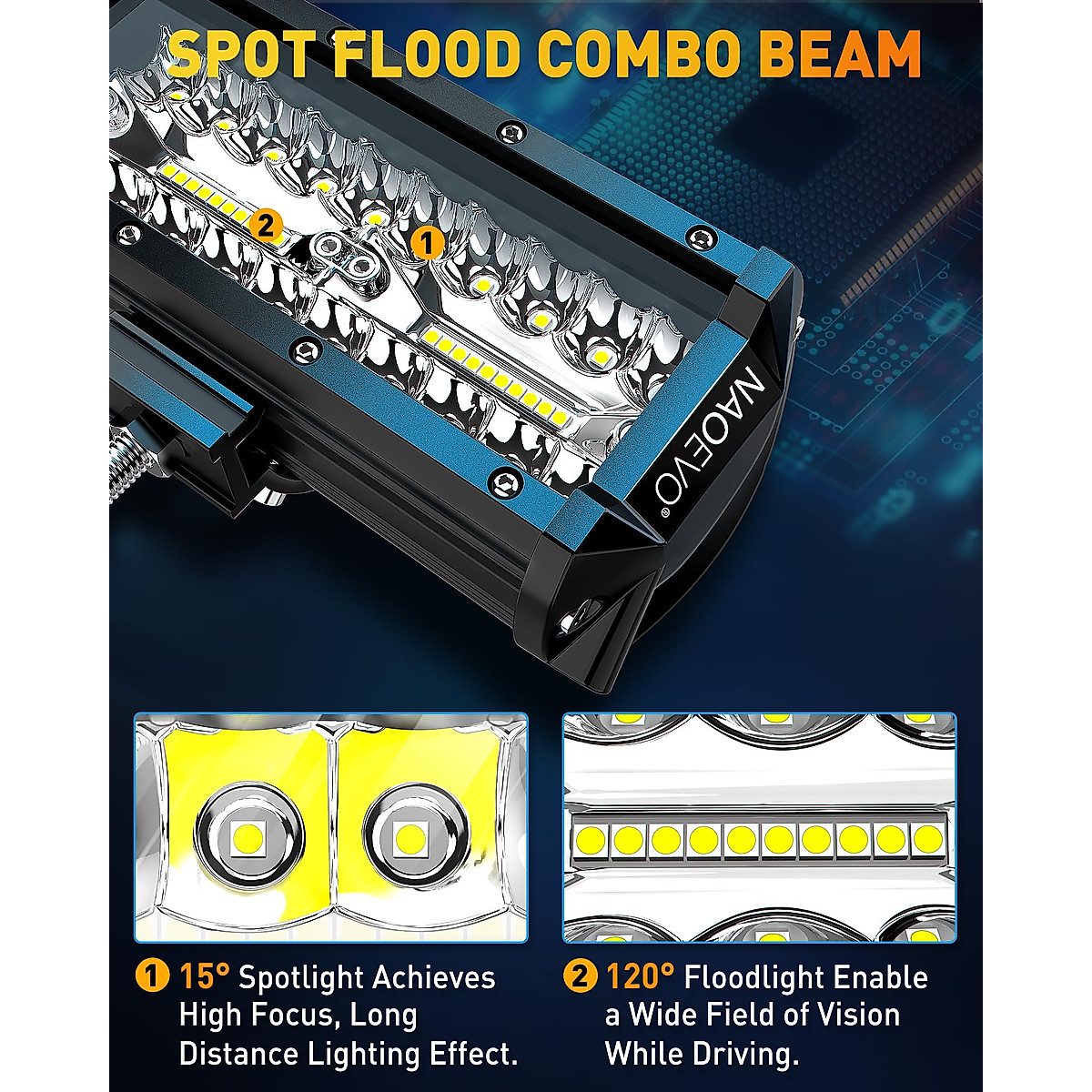 NAOEVO 7 Inch LED Light Bar, LED Off Road/Fog/Driving Lights LED Pods with Spot Flood Combo, LED Work Lights for Truck Boat UTV ATV, 2-Pack (White)