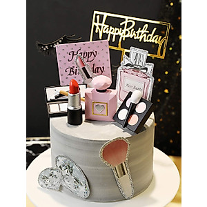 MEMOVAN Makeup Cake Topper 4 Pack, Resin Cosmetics Lipstick Perfume Bottle Eye Shadow Blush Makeup Cake Decorations for Bridal Shower Bachelorette Girl Women Spa Makeup Themed Birthday Party Supplies