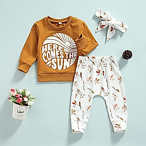 Baby Girl Clothes Set Fall 3 6 9 12 18 24 Months Long Sleeve Sweatshirt & Floral Print Pants & Headband Outfits (Light Brown , 6-12 Months )