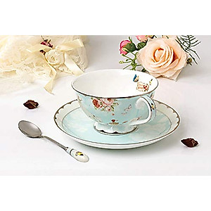 Fine Bone China Tea Cups and Saucers, Pastel Blue Floral Design Coffee Mug Tea Cups Set with Gift Box for Women Mom, 7 Ounces