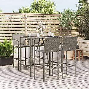 vidaXL 5 Piece Patio Bar Set - Poly Rattan Outdoor Furniture - Gray - Weather-Resistant - Tempered Glass Tabletop - Easy Assembly