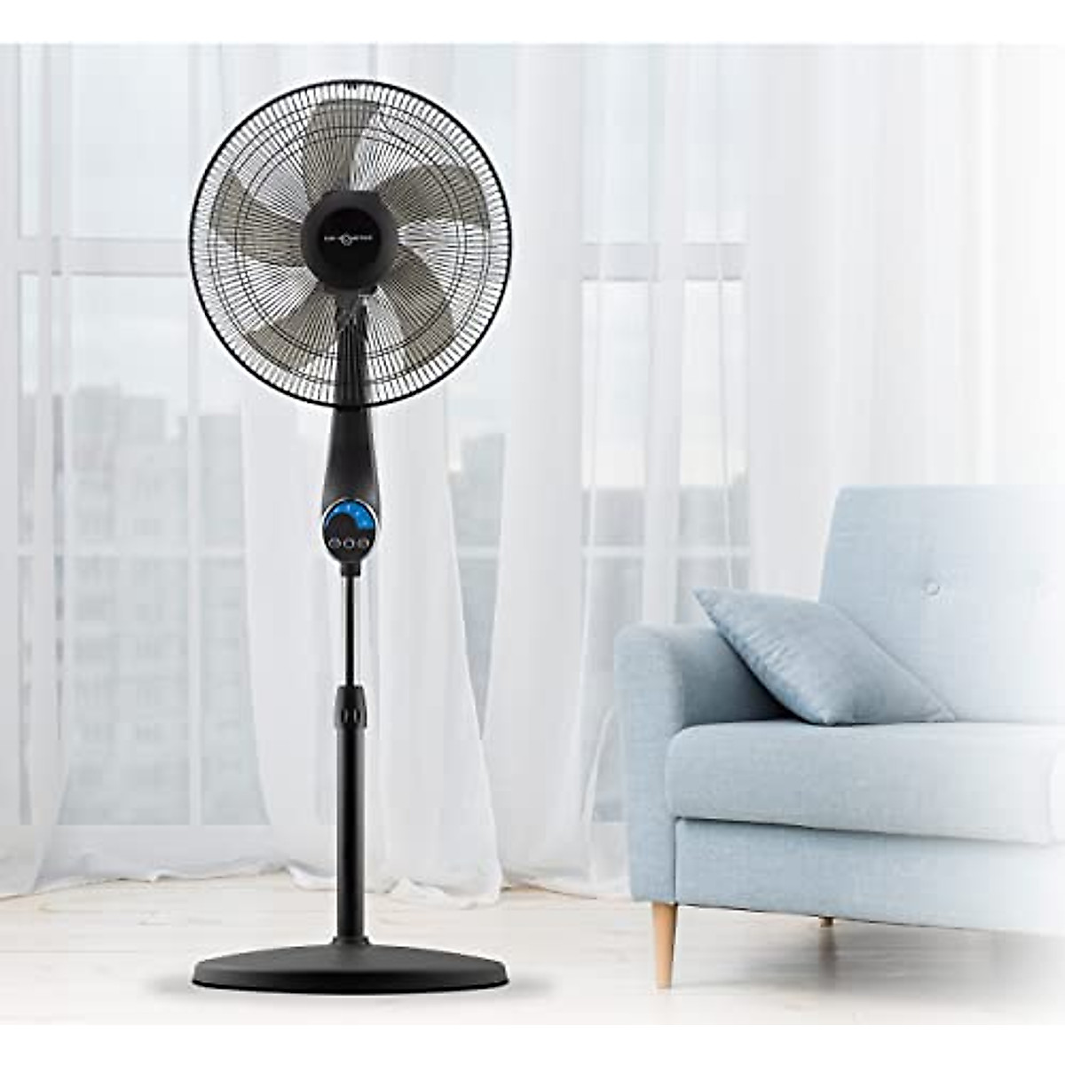 Air Monster 16" 5-Blade, 5 Speed Adjustable Height Ultra Powerful Quiet Oscillating Standing Pedestal Fan with Remote Control, 7.5 Hour Timer, Stand Fan for Bedroom, Black