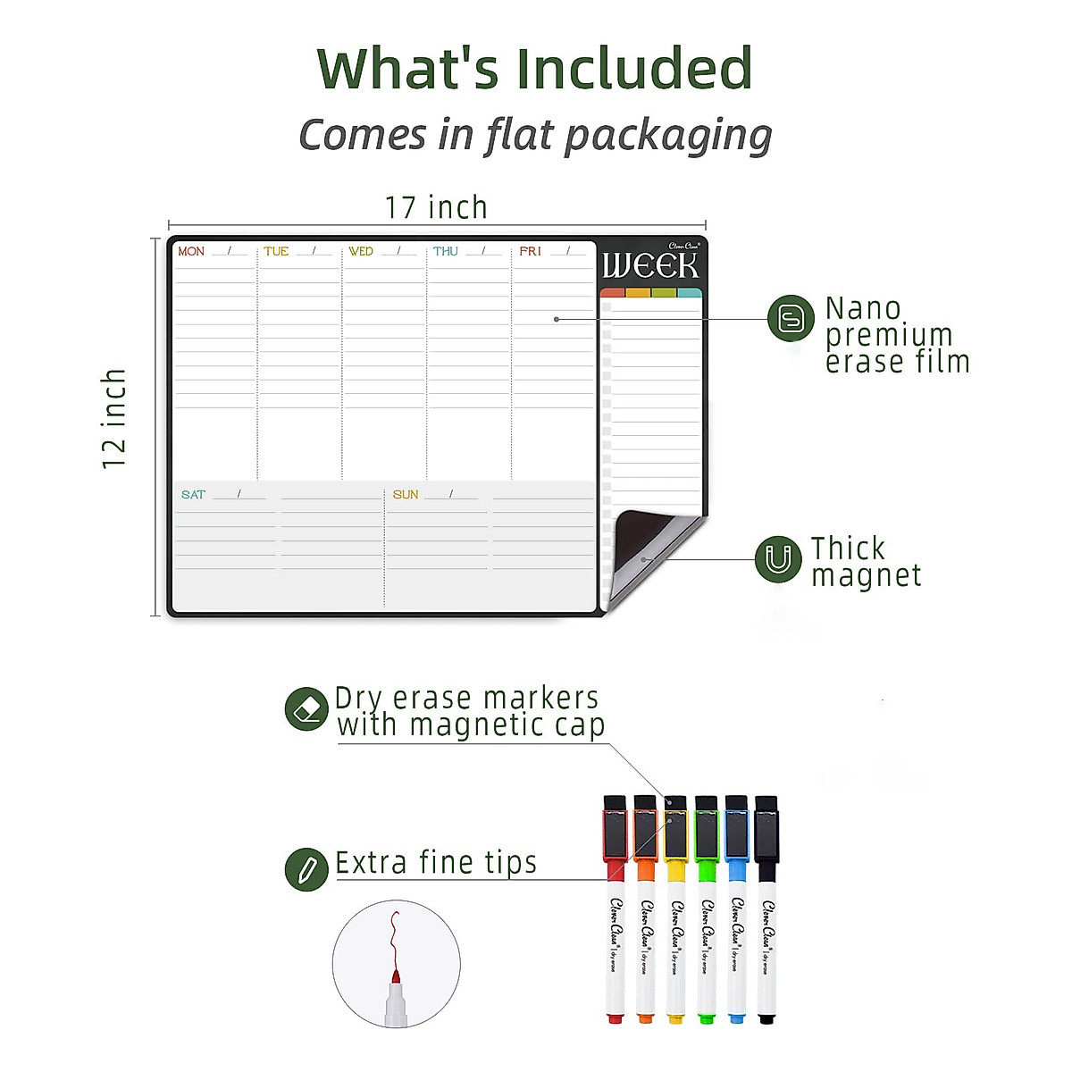 Magnetic Dry Erase Weekly Calendar - 17"x12" Weekly Planner for Fridge - 6 Extra Fine Point Markers Included - Shipped Flat