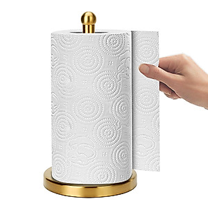 Gold Paper Towel Holder Countertop, Free Standing Paper Towel Holder Stainless Steel Heavy Weighted Base ( 3LBS in Weight, and 7.5inch in Diameter ), One-Handed Design for Easy Ripping (Gold Brushed)