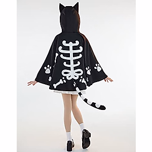 haikyuu Women Halloween Skeleton Cat Cape Skull Cosplay Cloak With Tail Onesie Kigurumi Fleece Hooded Poncho Cosplay Party Comic Con (large)