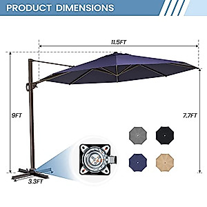 CLOUDFLY 11.5FT Patio Umbrella Round Navy with 360°Rotation 7 Heights Adjustable Aluminum Pole Offset Cantilever Outdoor Umbrella For Garden Swimming Pool