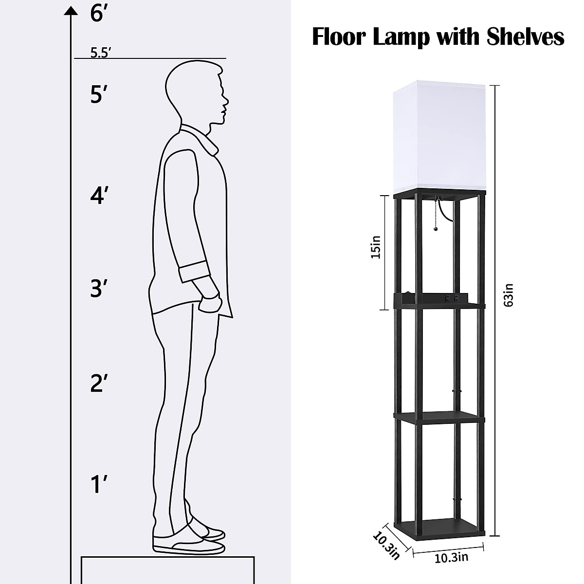 Floor Lamp with Shelves for Living Room, Shelf Floor Lamp with LED Grow Light, Wireless Charging Station, USB Port and AC Outlet, Modern Standing Light Column Floor Lamp Tower Nightstand for Bedroom