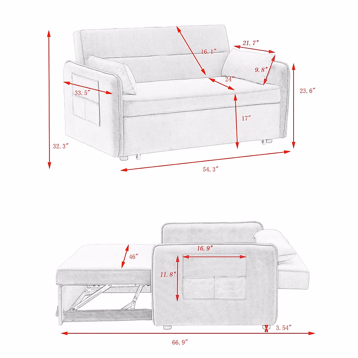 Eafurn Sofa Bed Sleeper, Blue Couch with Side Pockets and Pillows