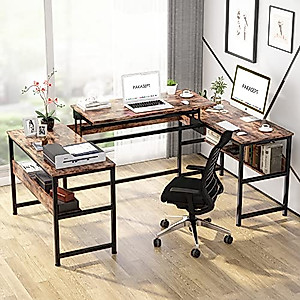 PAKASEPT U- Shaped Desk with Lift Top, Sit to Stand L Shaped Computer Desk, Height Adjustable Standing Desk with Storage Shelves and 3 Desktop for Home Office