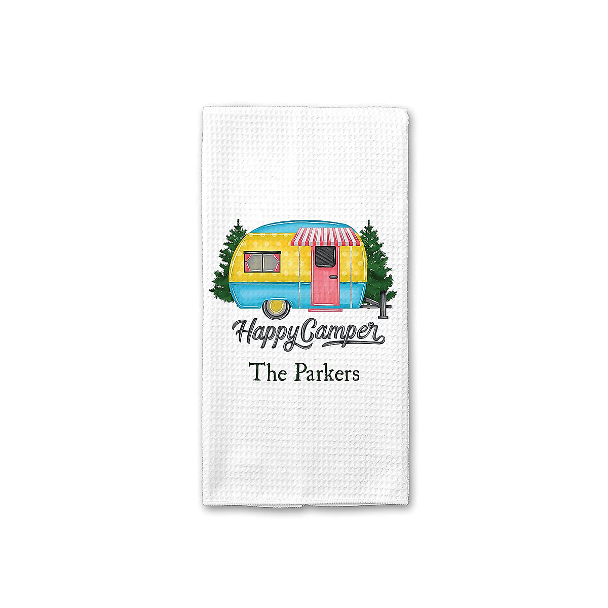 CANARY ROAD Happy Camper Waffle Weave Dish Towel | Personalized Kitchen Towel | Travel Trailer Gift | Camper Accessories | Personalized Dish Towel | Camper Decor