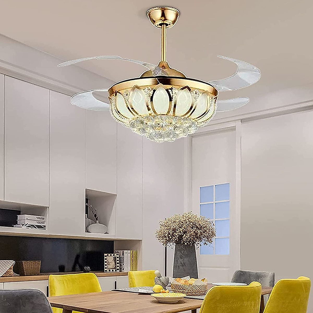N/B 42 Inch Modern Gold Crystal Chandelier Fan with Retractable Blades Ceiling Fan with Light LED and Remote Control Indoor Fan Suitable for Dining Room Bedroom
