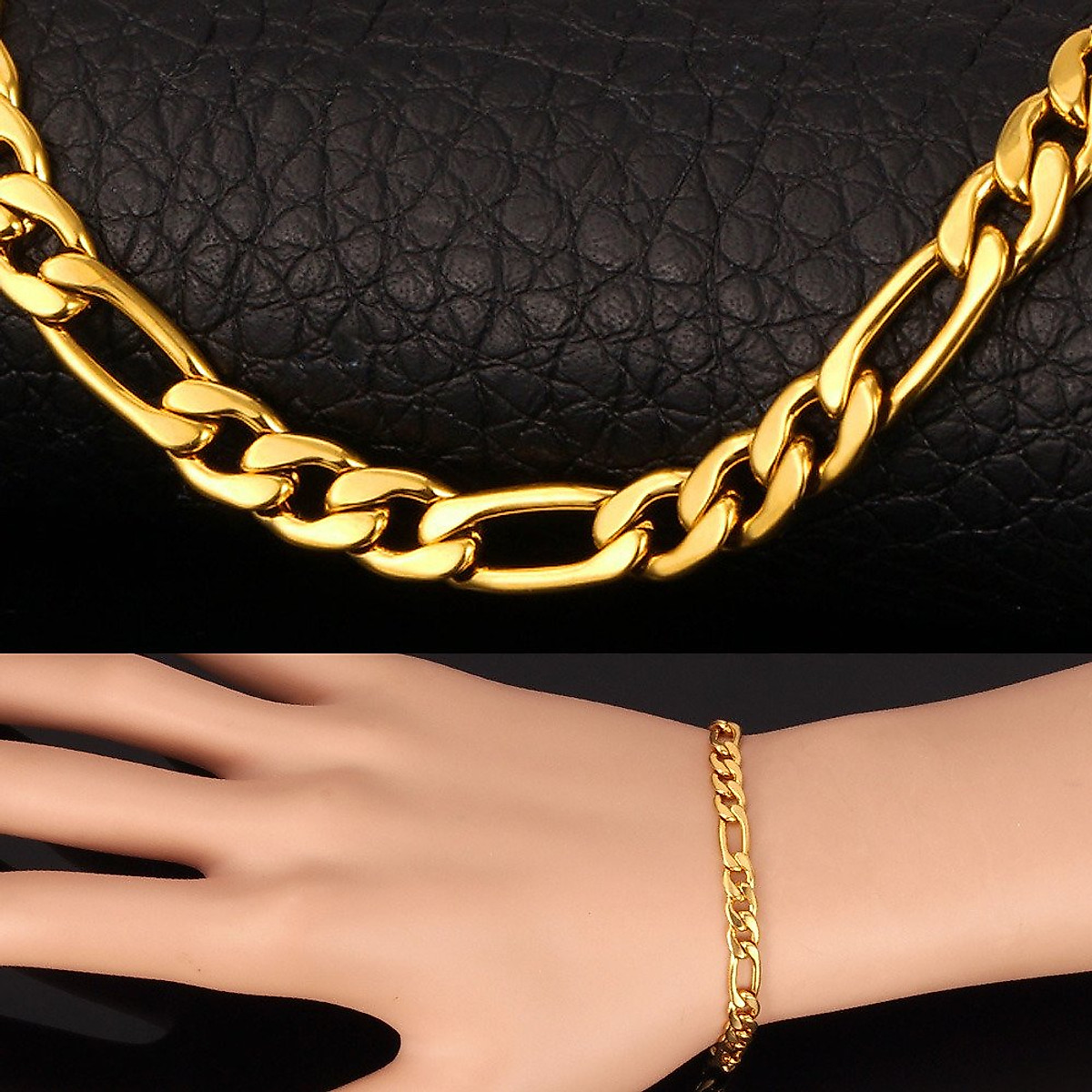 U7 5mm Figaro Chain Boy Men Fashion Jewelry 18K Gold Plated Stainless Steel Link Bracelet & Necklace Set (8.3",18")