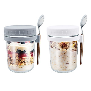 GENCAM Overnight Oats Container with Lid and Spoon, 12 Oz Glass Airtight Oatmeal Container, 2 Pack Mason Jars with Lid for Cereal Salad Jam Breakfast To Go Containers