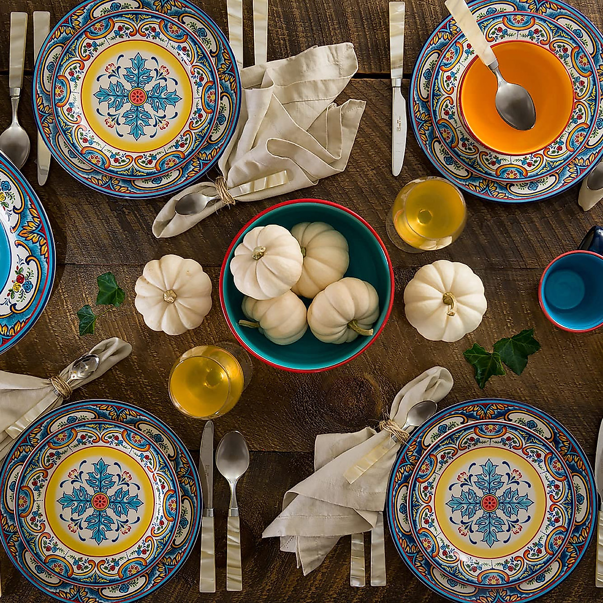 Euro Ceramica Zanzibar Collection Vibrant 10.9" Ceramic Dinner Plates, Set of 4, Spanish Floral Design, Multicolor