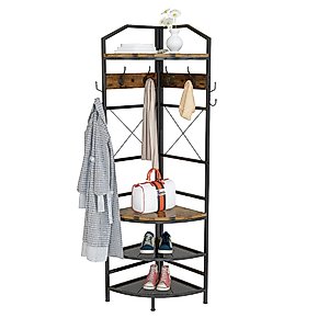 Lamerge Conner Coat Rack with Storage, Multifunctional Entryway Shelf Organizer with 12 Hooks & 4-tier Shelves, 72" Industrial Hall Tree Freestanding Clothes Rack for Living Room Bedroom, Brown