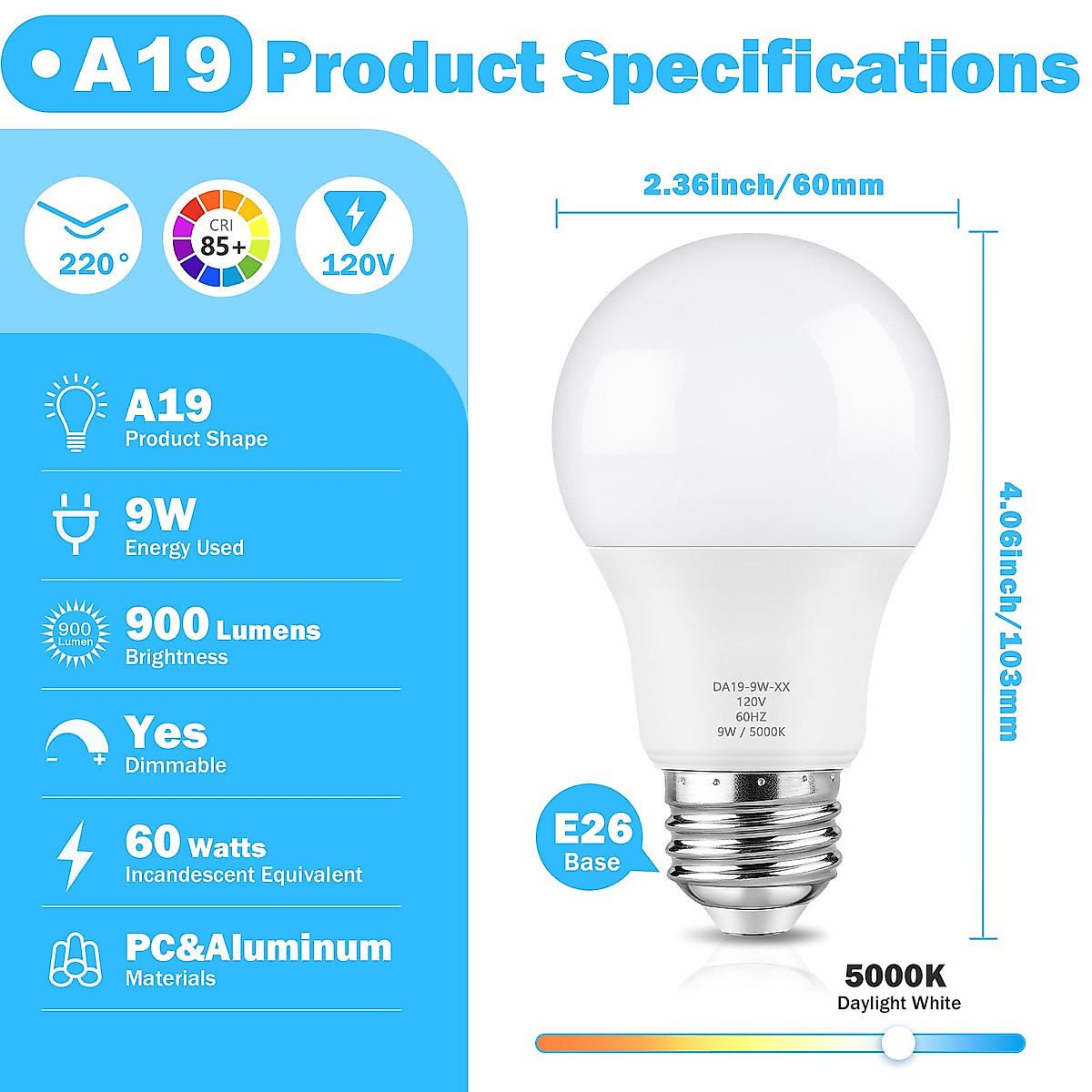 Maylaywood A19 LED Light Bulbs Dimmable, 60W Equivalent LED Bulbs, 5000K Daylight White, E26 Standard Base, 900LM, 9W Bright White LED Bulb, 4-Pack