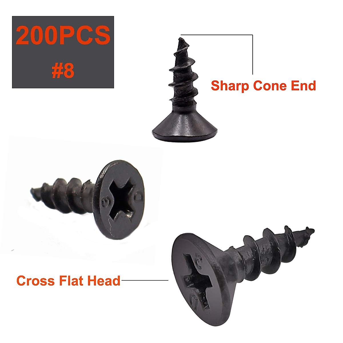 mxuteuk Carbon Steel 200pcs #8x1/2'' Flat Head Phillips Drywall Screws Fine Thread Sharp Point Wood Screw,Self Tapping Quality Black Steel Screws M4-12mm