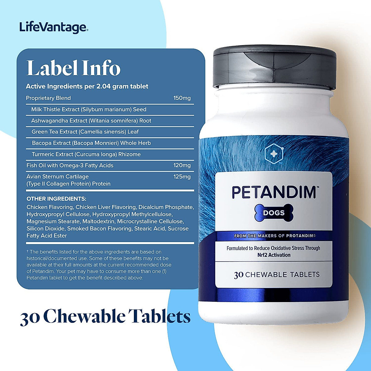 Petandim Dog Vitamins, 30 Chewable Tablets, Reduce Oxidative Stress, Joint Supplement for Dogs, Dog Skin and Coat Supplement, Vitamin for Dogs in a Bacon, Chicken, and Liver Flavored Chewable Tablet