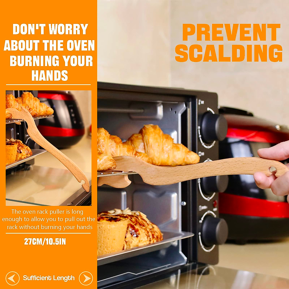 Shinelingee Oven Rack Puller, Wood Oven Rack Push Pull Tool, Prevent Scalding, Pull out Hot Racks Safely, Long Handle Toaster Oven Accessories,Suitable For Kitchen Oven, Toaster oven, Air fryer,etc(1)