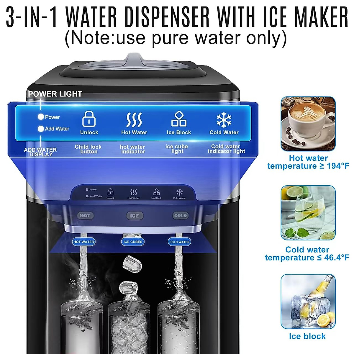 Water Cooler Dispenser Built-in Ice Maker Countertop,3-in-1 Portable Ice Machine 44lbs Daily,Top Loading 5 Gallon Water Dispenser w. Child Safety Lock & Tri-Temp Water Option-Hot,Cold & Ice Block
