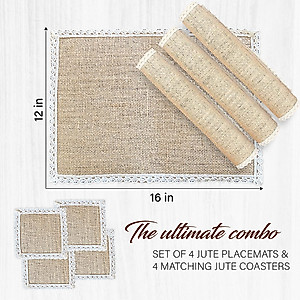 Burlap Placemat 8 pc Set, Farmhouse Placemats Set of 4 with Coasters, Jute Rustic Place Mats and Coasters, Linen Table Mats and Coasters, Set of 4, Heat Resistant