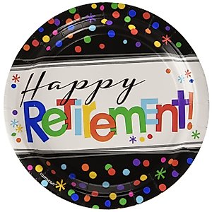 Officially Retired "Happy Retirement!" Round Plates, 7" (12 Packs of 8) – Black Plates with Colorful Dots Design, Perfect for Retirement Parties and Send-Offs - 96 Pcs.