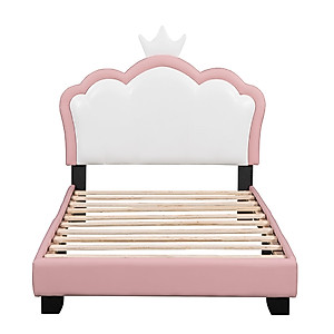 Aiuyesuo Elegant Twin Size Upholestered Princess Bed with Crown Headboard, PU Leather Platform Bed with Sturdy Slatted Support for Kids Girls Teens (Pink+White-Twin)